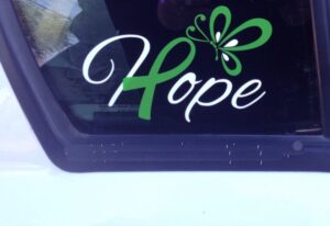 hope with green ribbon and butterfly window decal (cerebral palsy, brain injury, celiac disease, lyme disease)