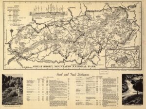 vintage 1940 map of great smoky mountains national park. great smoky mountains national park, north carolina, tennessee, united states