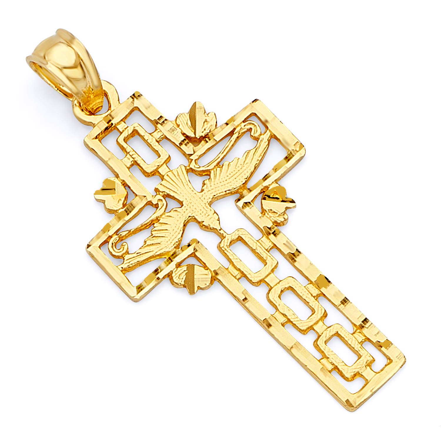 14k REAL Yellow Gold Religious Cross with Holy Spirit Dove Charm Pendant