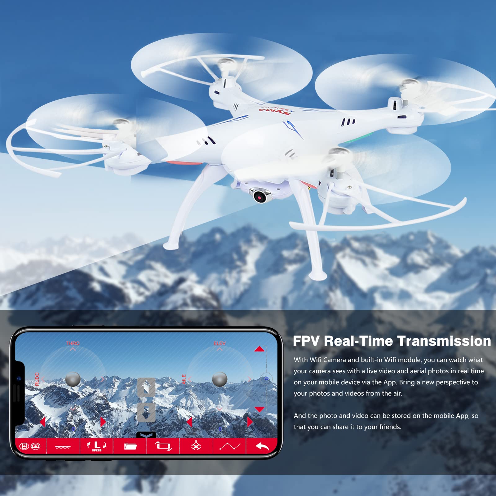 Cheerwing Syma X5SW-V3 WiFi FPV Drone 2.4Ghz 4CH 6-Axis Gyro RC Quadcopter Drone with Camera, White