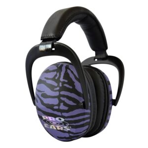 pro ears ultra sleek passive hearing protection ear muffs, superior comfort for long gun use, indoor and outdoor range, nrr 26, made in usa, adjustable and padded, purple zebra