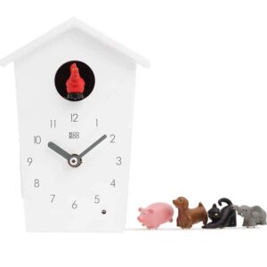 KOOKOO AnimalHouse white, small cuckoo clock with 5 farm animals sounds (natural field recordings)