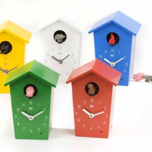 KOOKOO AnimalHouse white, small cuckoo clock with 5 farm animals sounds (natural field recordings)