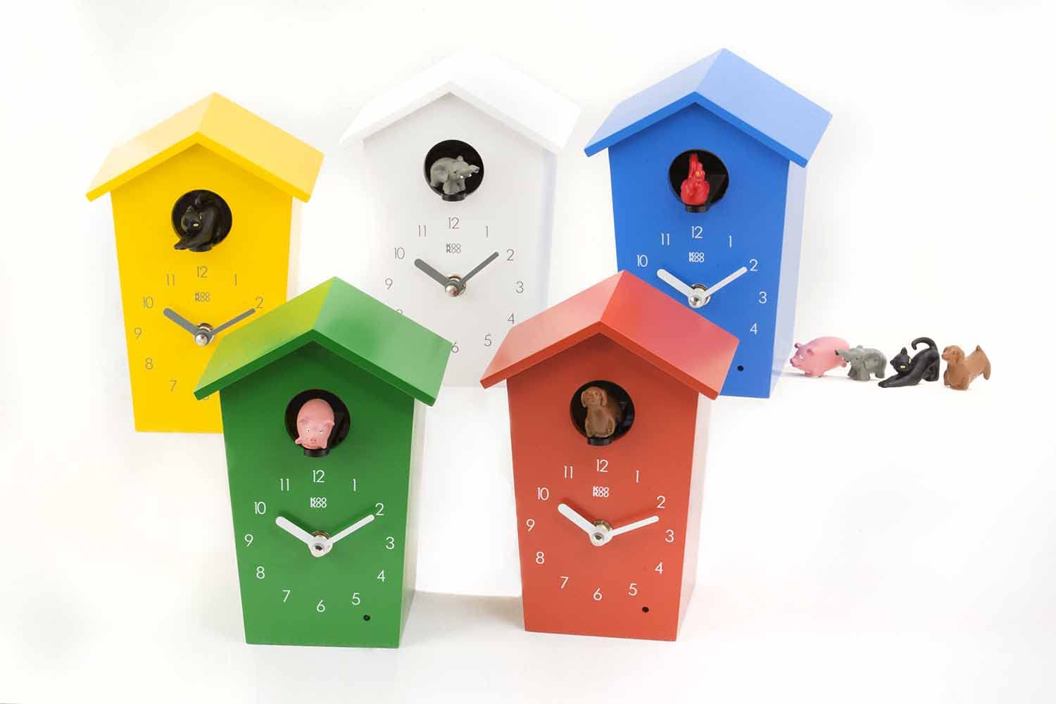 KOOKOO AnimalHouse white, small cuckoo clock with 5 farm animals sounds (natural field recordings)