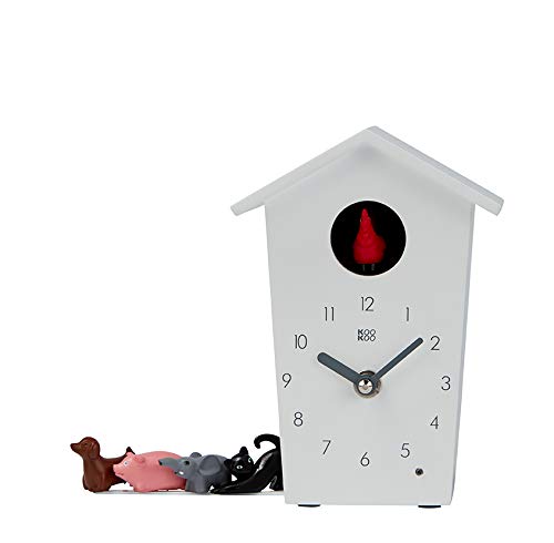 KOOKOO AnimalHouse white, small cuckoo clock with 5 farm animals sounds (natural field recordings)