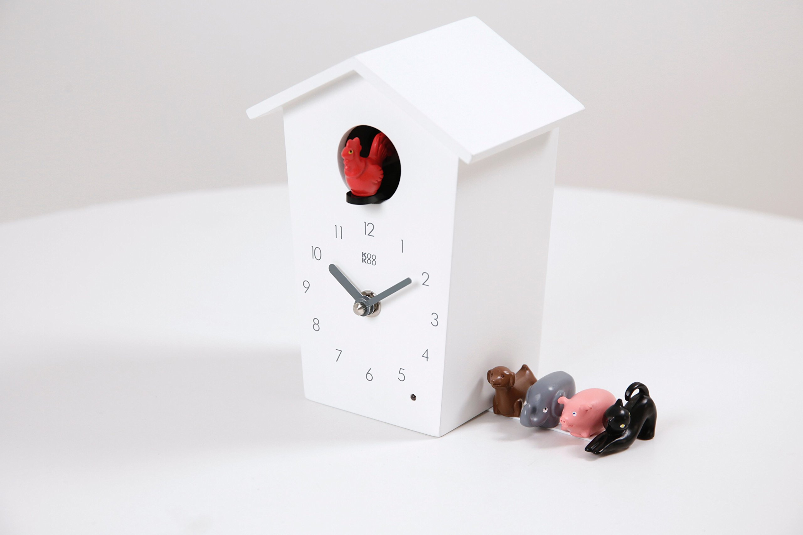 KOOKOO AnimalHouse white, small cuckoo clock with 5 farm animals sounds (natural field recordings)