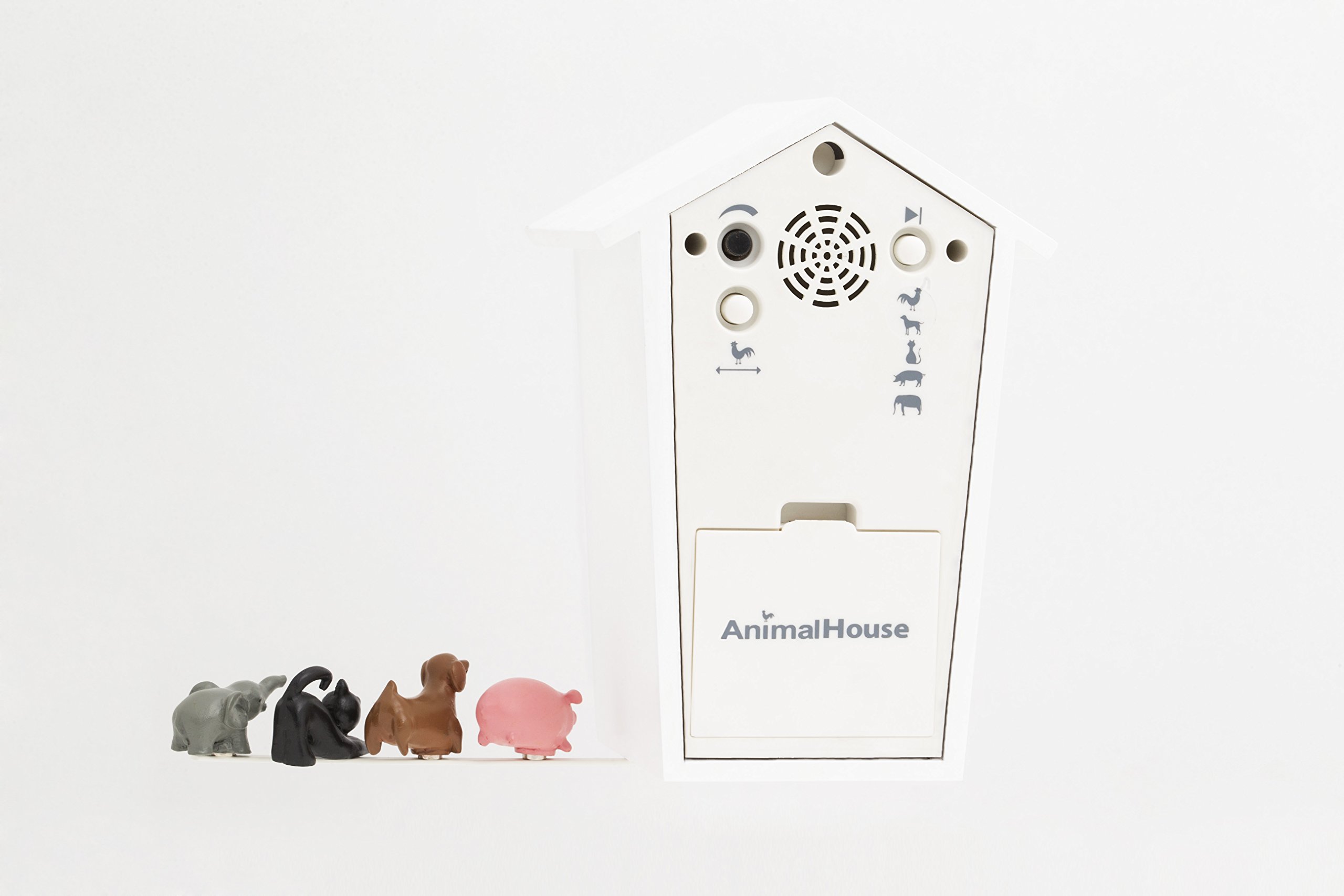 KOOKOO AnimalHouse white, small cuckoo clock with 5 farm animals sounds (natural field recordings)