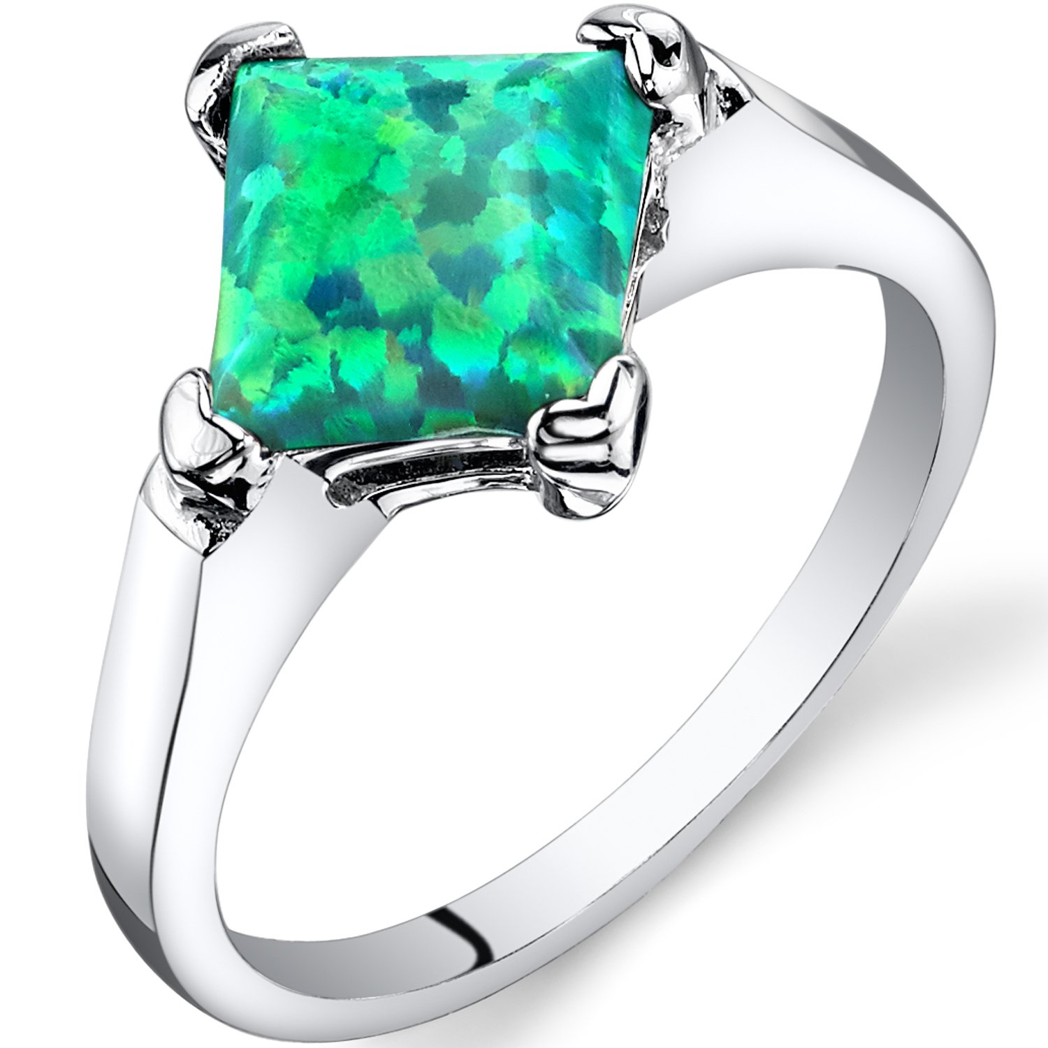 PEORA Created Green Fire Opal Classic Solitaire Ring for Women 925 Sterling Silver, 1 Carat Princess Cut 7mm, Size 8