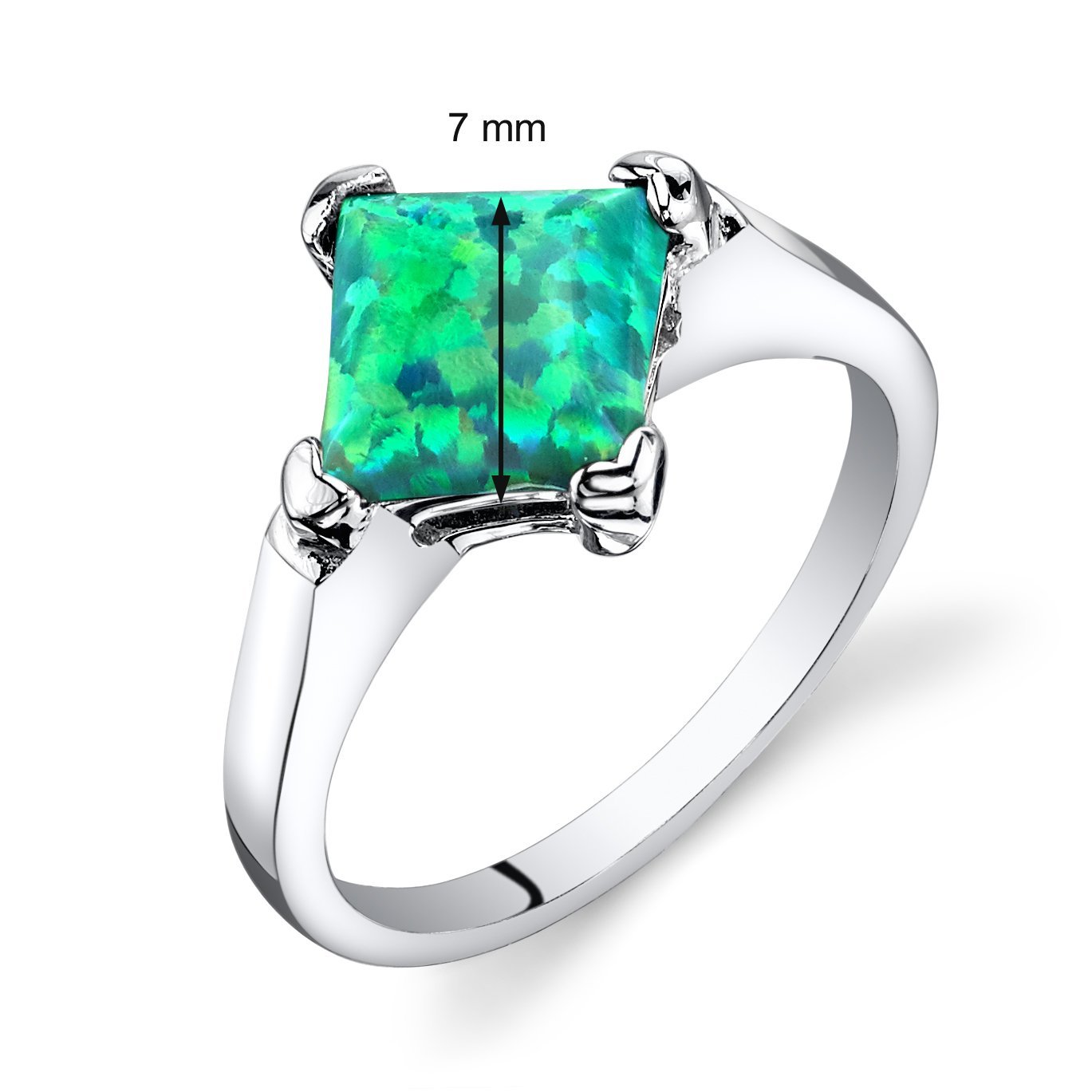 PEORA Created Green Fire Opal Classic Solitaire Ring for Women 925 Sterling Silver, 1 Carat Princess Cut 7mm, Size 8