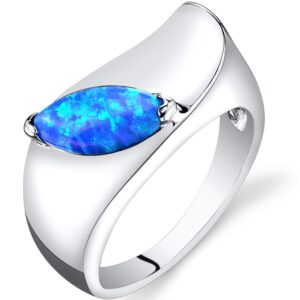 peora created blue fire opal museum solitaire ring for women 925 sterling silver, 0.75 carat marquise shape 10x5mm, size 9