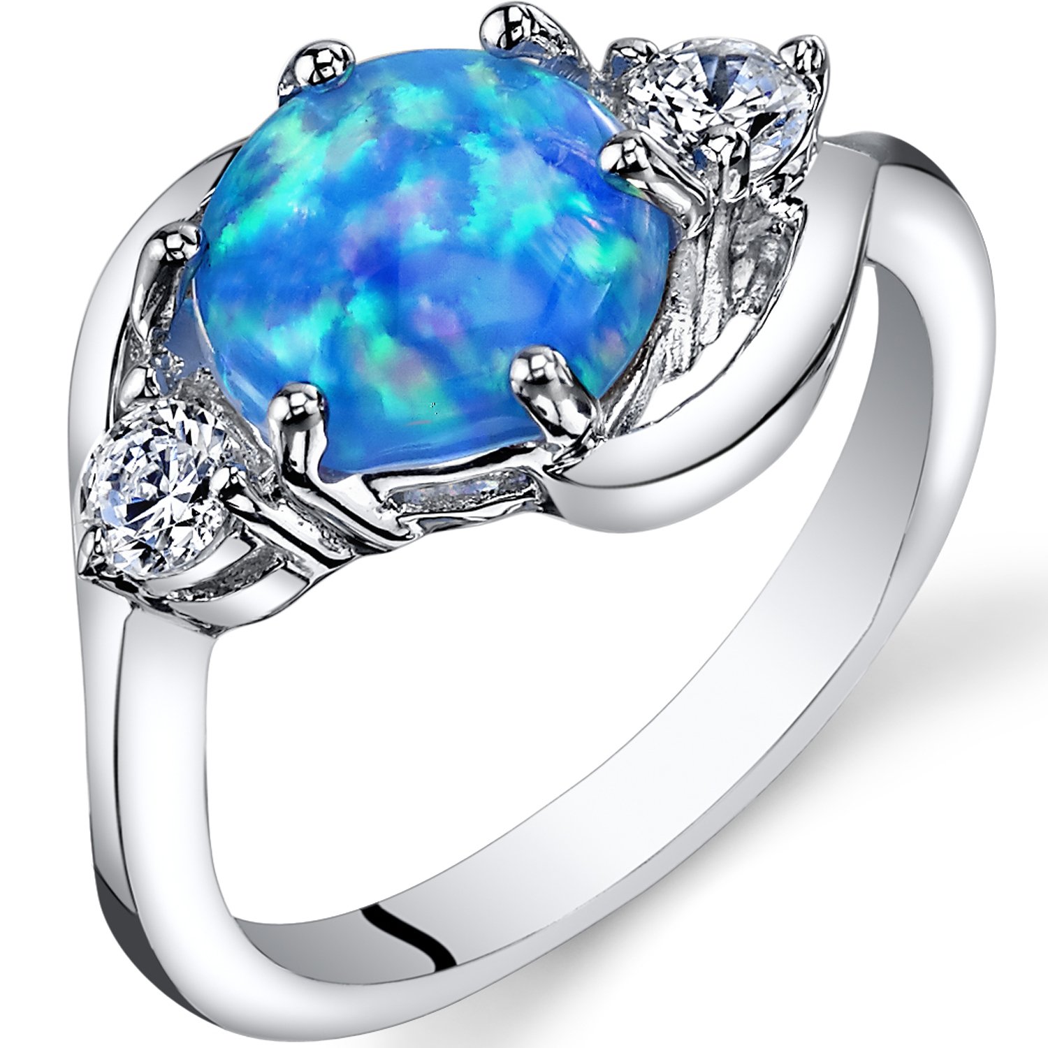 Created Powder Blue Opal 3 Stone Ring Sterling Silver 1.25 Carats Size 9