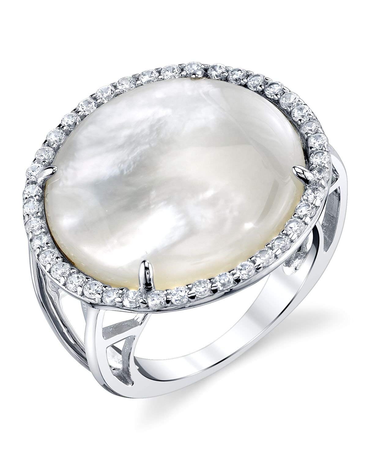 The Pearl Source Genuine White Cultured Mother of Pearl & Cubic Zirconia Camelia Ring for Women