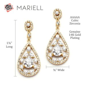 Mariell Gold Dangle Earrings for Brides with Cubic Zirconia Crystals, Art Deco Mosaic Design, Earrings for Wedding, Prom, Mother of the Bride