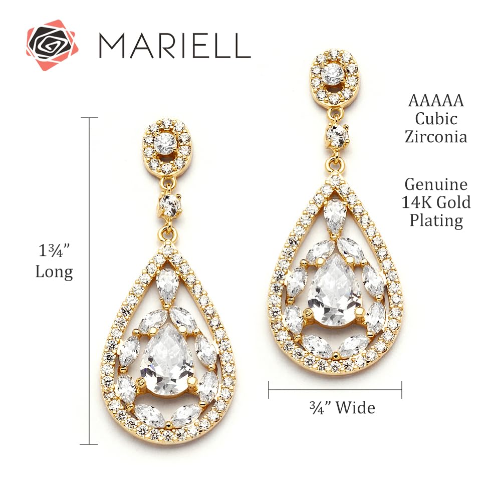 Mariell Gold Dangle Earrings for Brides with Cubic Zirconia Crystals, Art Deco Mosaic Design, Earrings for Wedding, Prom, Mother of the Bride