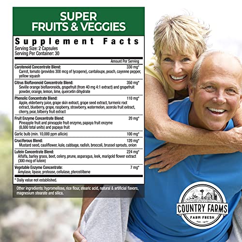 COUNTRY FARMS Super Fruits and Veggies Capsules, Whole Food Supplement, Powerful Antioxidant, Supports Energy, Immune Health, Boosts Digestive Health, 30 Super Foods, 30 Servings