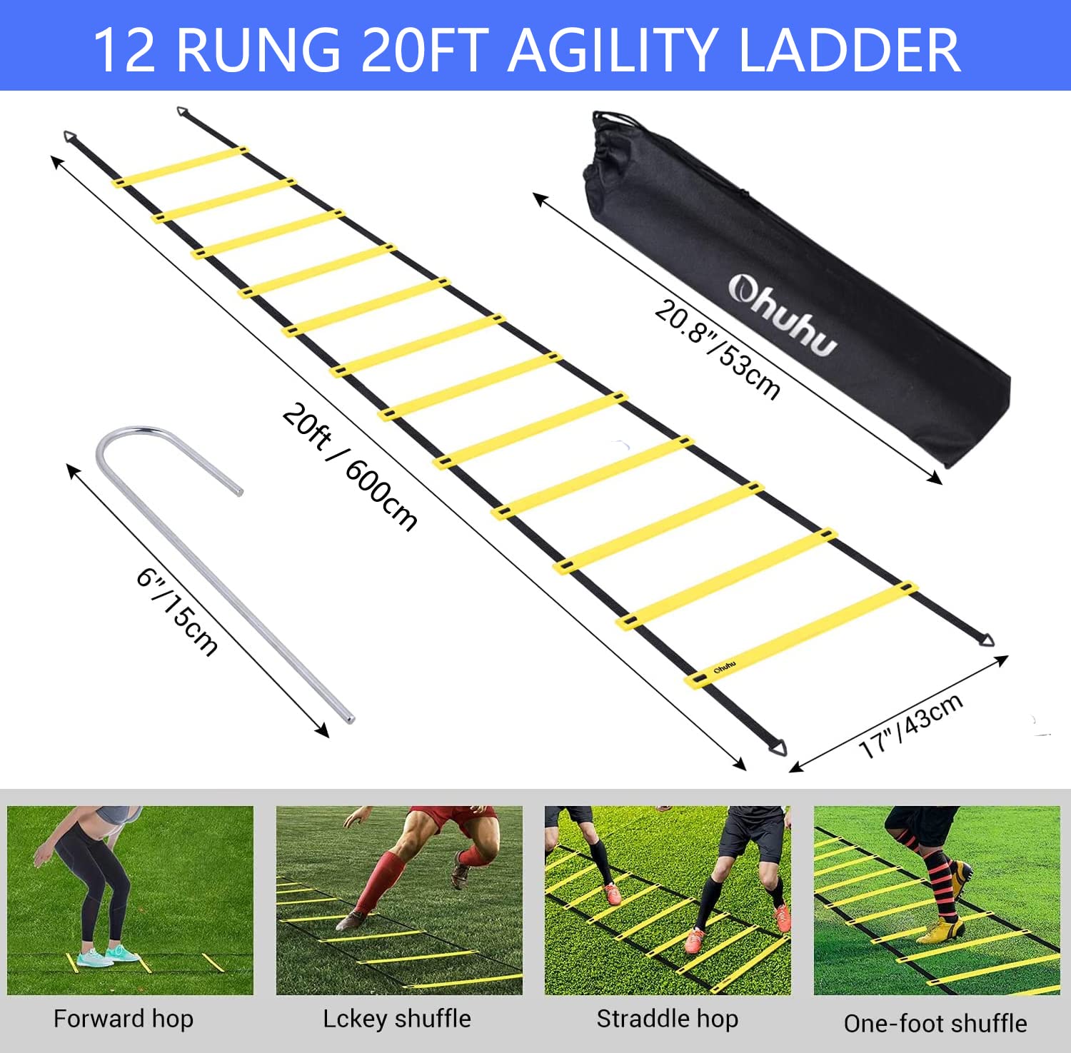 Ohuhu Agility Ladder Speed Training Equipment 12 Rung Exercise Ladders with Ground Stakes for Soccer Football Boxing Footwork Sports Feet Fitness Training Ladder with Carry Bag Yellow or Blue