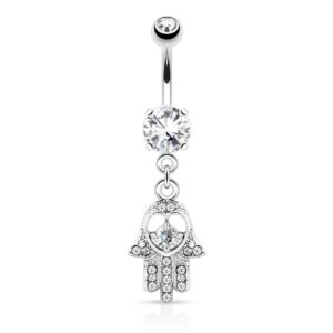 pierced owl 14ga stainless steel cz crystal hamsa hand dangling belly button ring (clear)