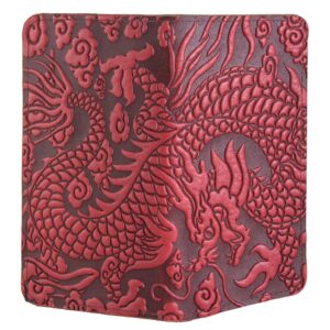 Oberon Design Cloud Dragon Embossed Genuine Leather Checkbook Cover, 3.5x6.5 Inches, Red, Made in the USA