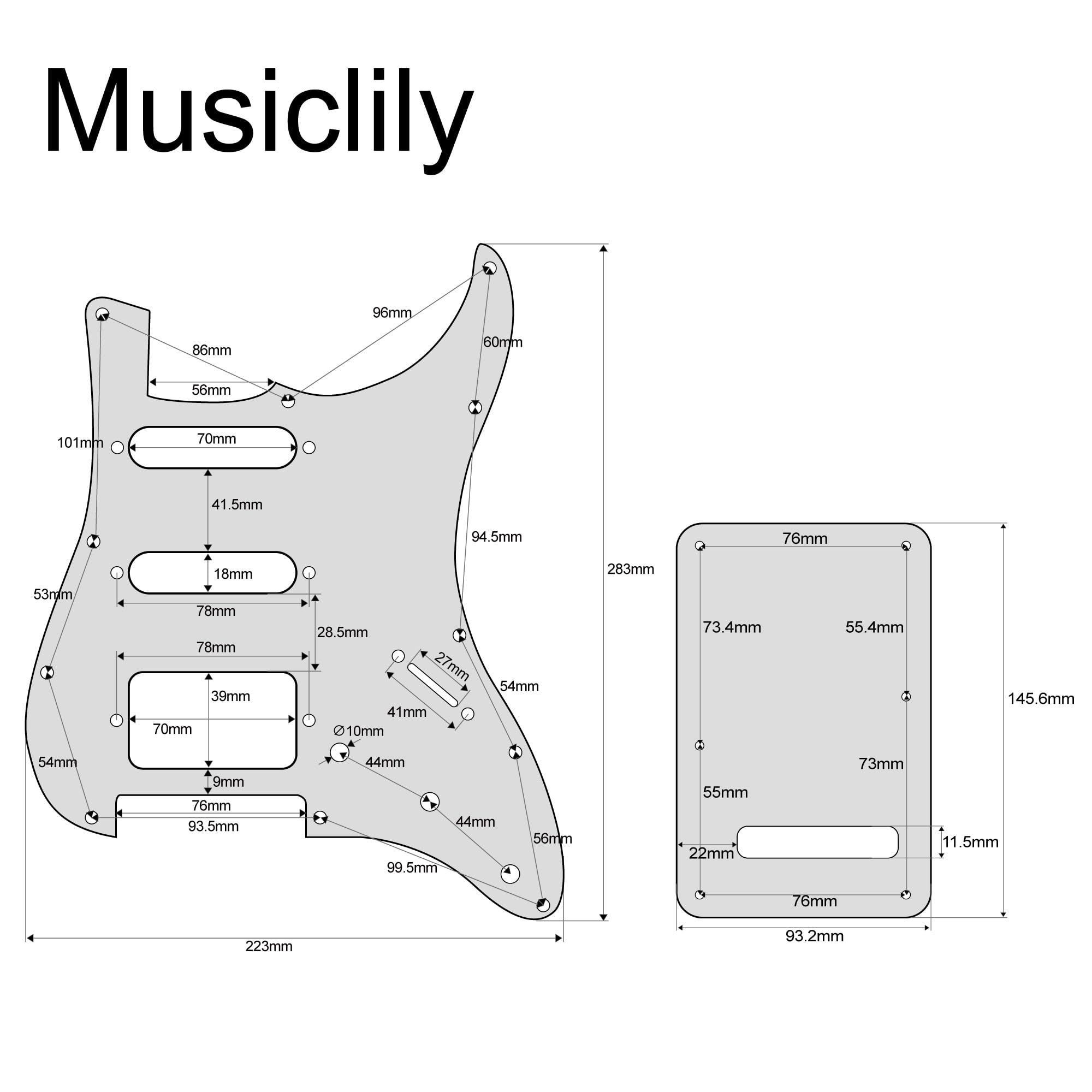 Musiclily HSS 11 Holes Strat Pickguard Scratch Plate and Back Plate Set for Fender USA/Mexico Standard Stratocaster Modern Style Electric Guitar,3Ply Black