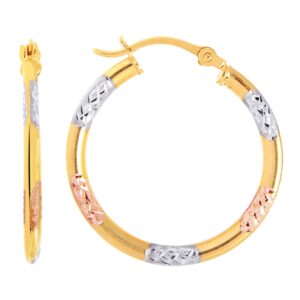 10k tricolor white yellow and rose gold diamond cut round hoop earrings, diameter 20mm