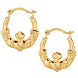 10k yellow gold shiny claddagh design hoop earrings, diameter 15mm