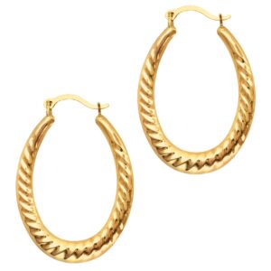 10k yellow gold ridged oval shaped hoop earrings, diameter 30mm