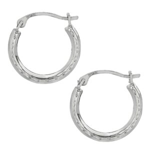 10k white gold shiny diamond cut round hoop earrings, diameter 15mm