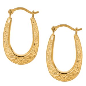 10k yellow gold shiny swirl design oval hoop earrings, length 20mm