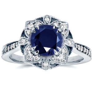 kobelli antique style floral sapphire and diamond engagement ring 1 1/2 carat (ctw) in 14k white gold, size 9