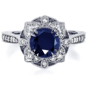 Kobelli Antique Style Floral Sapphire and Diamond Engagement Ring 1 1/2 Carat (ctw) in 14k White Gold, Size 9