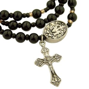 Black Agate Prayer Bead Twistable Rosary Bracelet with Miraculous Medal, One Size