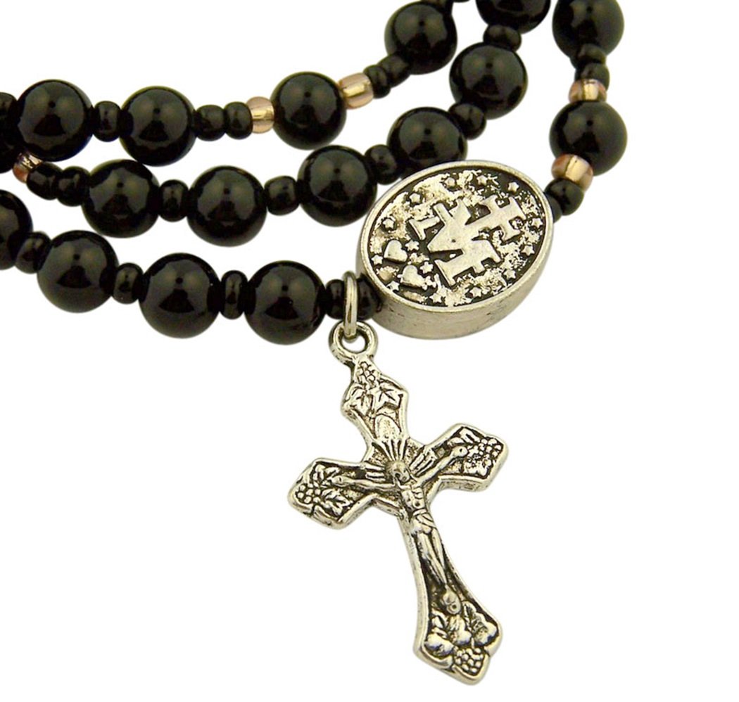 Black Agate Prayer Bead Twistable Rosary Bracelet with Miraculous Medal, One Size