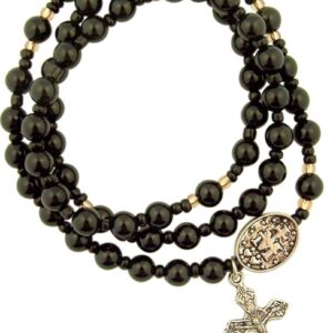 Black Agate Prayer Bead Twistable Rosary Bracelet with Miraculous Medal, One Size