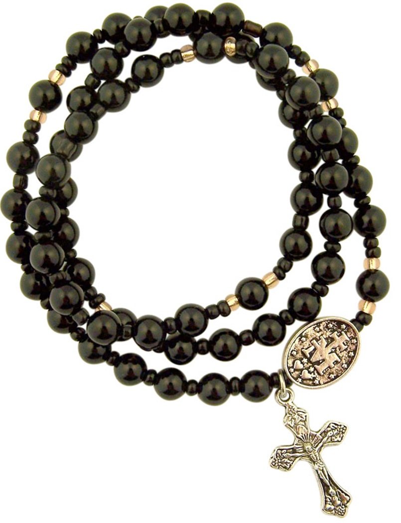 Black Agate Prayer Bead Twistable Rosary Bracelet with Miraculous Medal, One Size