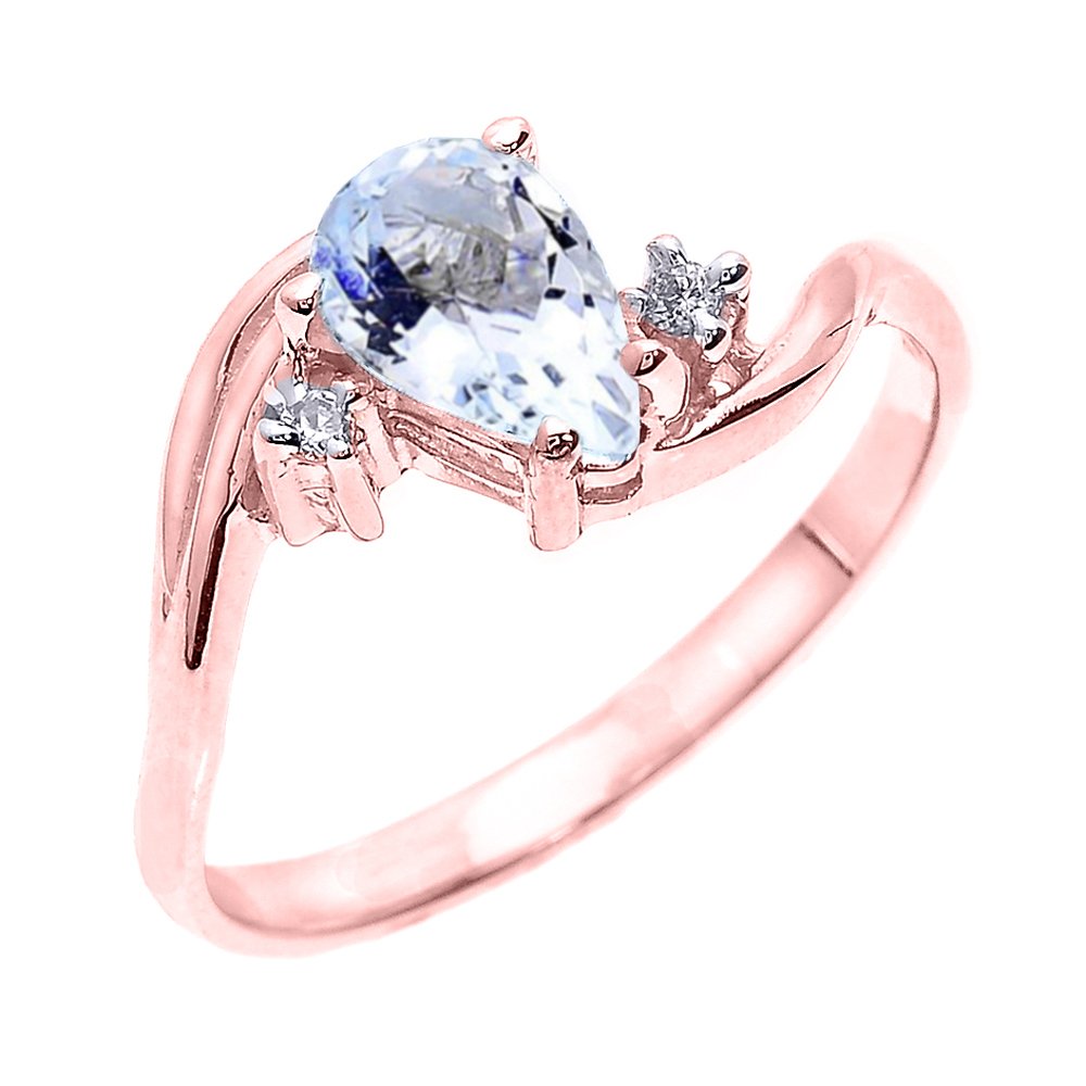 Birthstone Engagement Rings Solid 10k Rose Gold Pear Shaped Aquamarine and Diamond Proposal Ring(Size 10.25)