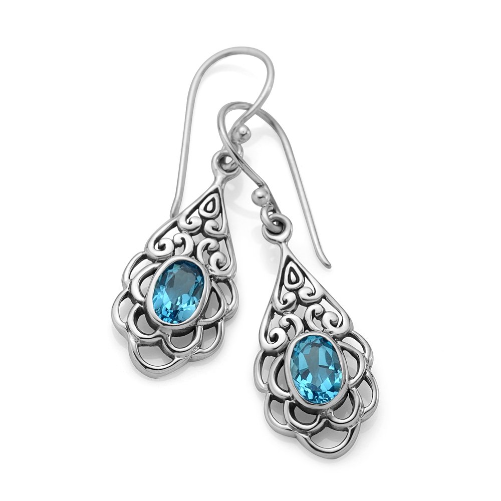 Chuvora 925 Sterling Silver Open Filigree Flower Blue Topaz Gemstone Teardrop Dangle Hook Earrings 1.5"