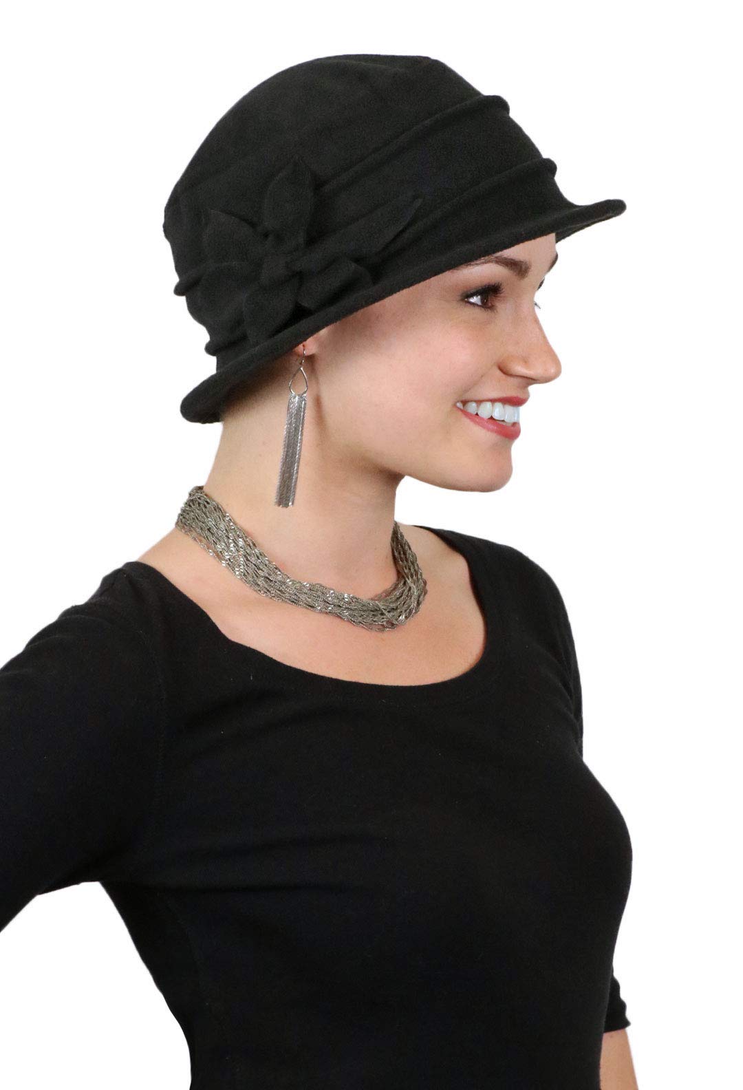 Fleece Flower Cloche Hat for Women Cancer Headwear Chemo Ladies Head Coverings Black