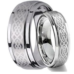 Free Personalized laser engraving Ring for Men and Ring for Women His & Her's 8MM/6MM Tungsten Carbide Wedding Band Ring Set w/Laser Etched Celtic Design