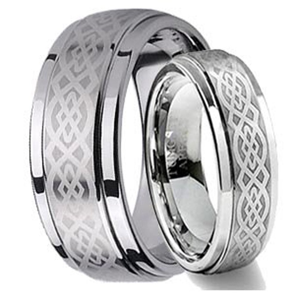 Free Personalized laser engraving Ring for Men and Ring for Women His & Her's 8MM/6MM Tungsten Carbide Wedding Band Ring Set w/Laser Etched Celtic Design