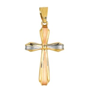 jewelry affairs 14k tricolor gold satin and high polish finish cross pendant