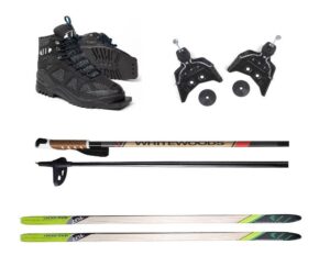 whitewoods adult 75mm 3-pin cross country ski package, 197cm - skis, boots, bindings, poles (42, 151-180 lbs.)