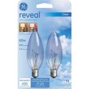 GE Lighting 48714 60-Watt 490-Lumen Reveal Blunt Tip Light Bulb with Candelabra Base, 12-Pack.