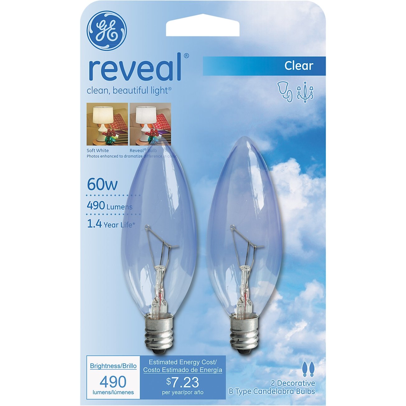 GE Lighting 48714 60-Watt 490-Lumen Reveal Blunt Tip Light Bulb with Candelabra Base, 12-Pack.