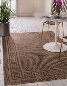 unique loom outdoor border collection area rug - greek key (7' 1" x 10' rectangle, brown/ light brown)