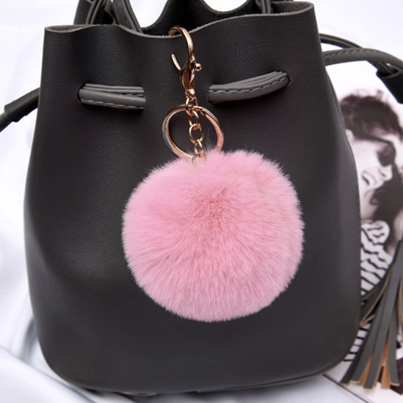 LUVI Artificial Faux Rabbit Fur Keychain Fluffy Plush Ball PomPom Ball Charm Key Chain Purse Decoration Cute Car Key Decor Puff Purse Decor Handbag Bag Charm Decoration for Women Girls Pink