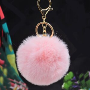 LUVI Artificial Faux Rabbit Fur Keychain Fluffy Plush Ball PomPom Ball Charm Key Chain Purse Decoration Cute Car Key Decor Puff Purse Decor Handbag Bag Charm Decoration for Women Girls Pink