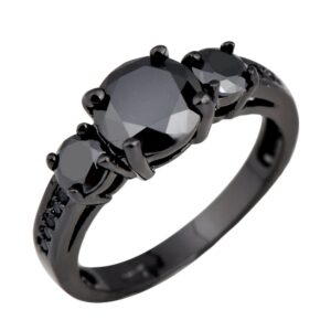 junxin round cut black gold three-stone diamond anniversary ring black onyx size6/7/8/9/10(7)