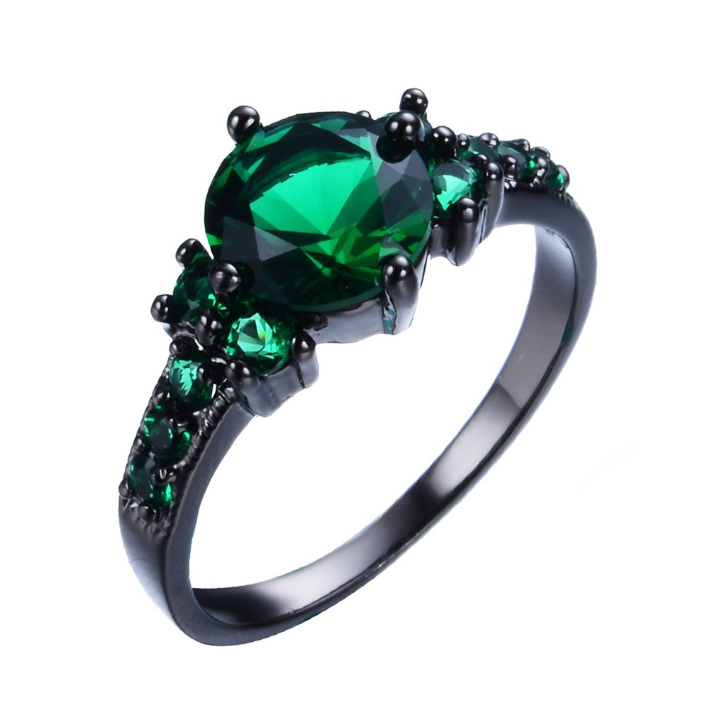 JunXin Black Gold Emerald Green Round Cubic Zirconia CZ Stones Ring Daily Wear Size6/7/8/9/10(6)