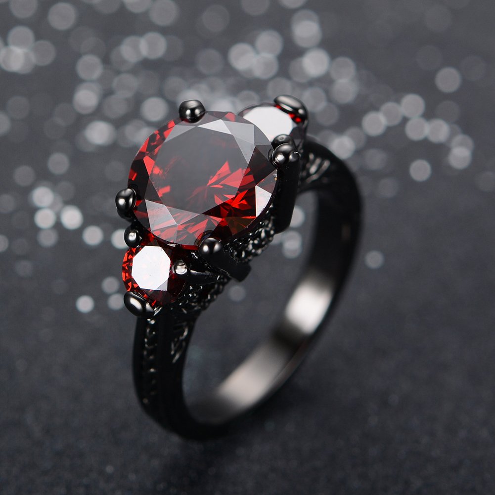 JunXin® Black Gold Round Cut Three-stone Ruby Diamond Ring Cubic Zirconia Size6/7/8/9/10(8)