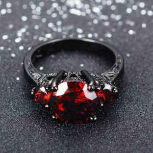 JunXin® Black Gold Round Cut Three-stone Ruby Diamond Ring Cubic Zirconia Size6/7/8/9/10(8)